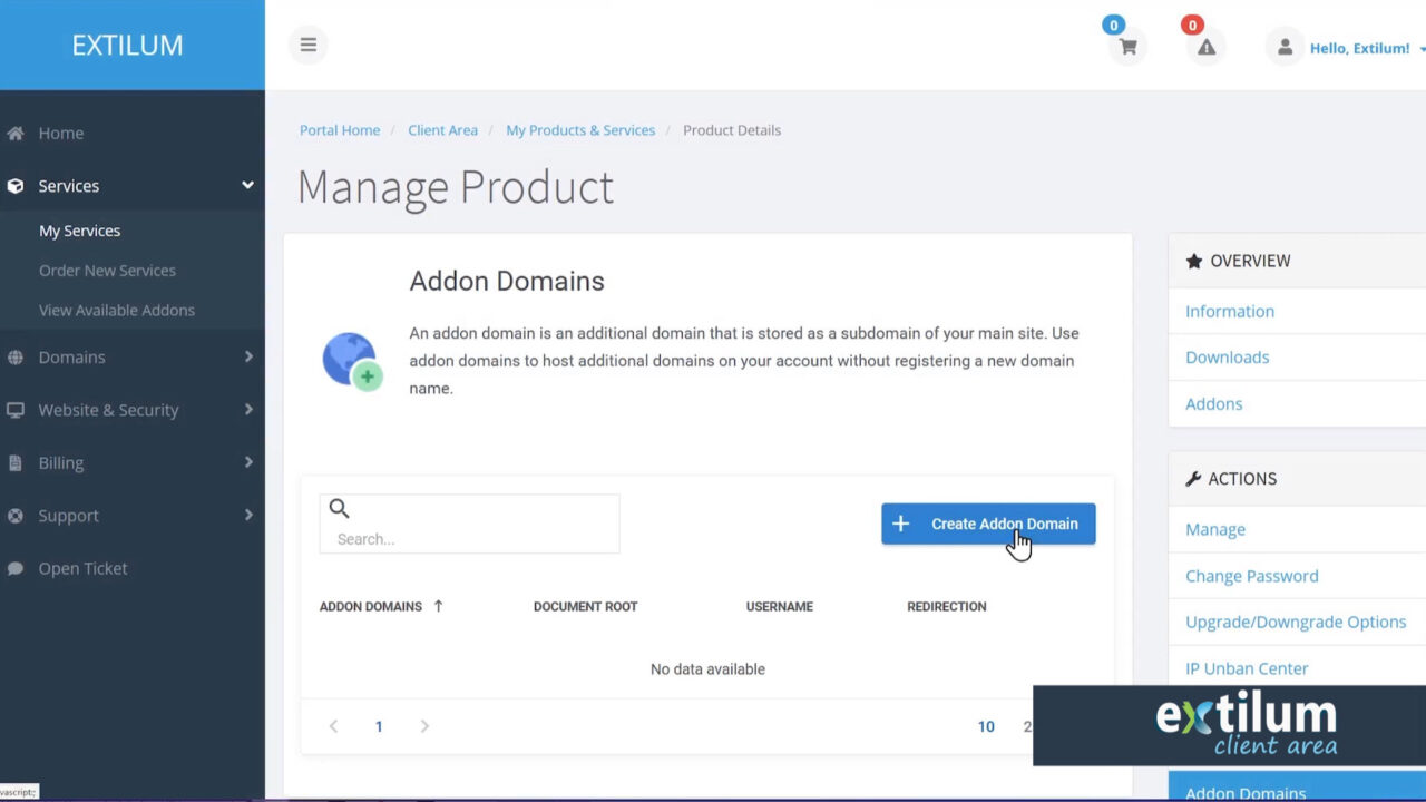 Create an Addon domain - Client Area • Extilum Knowledgebase
