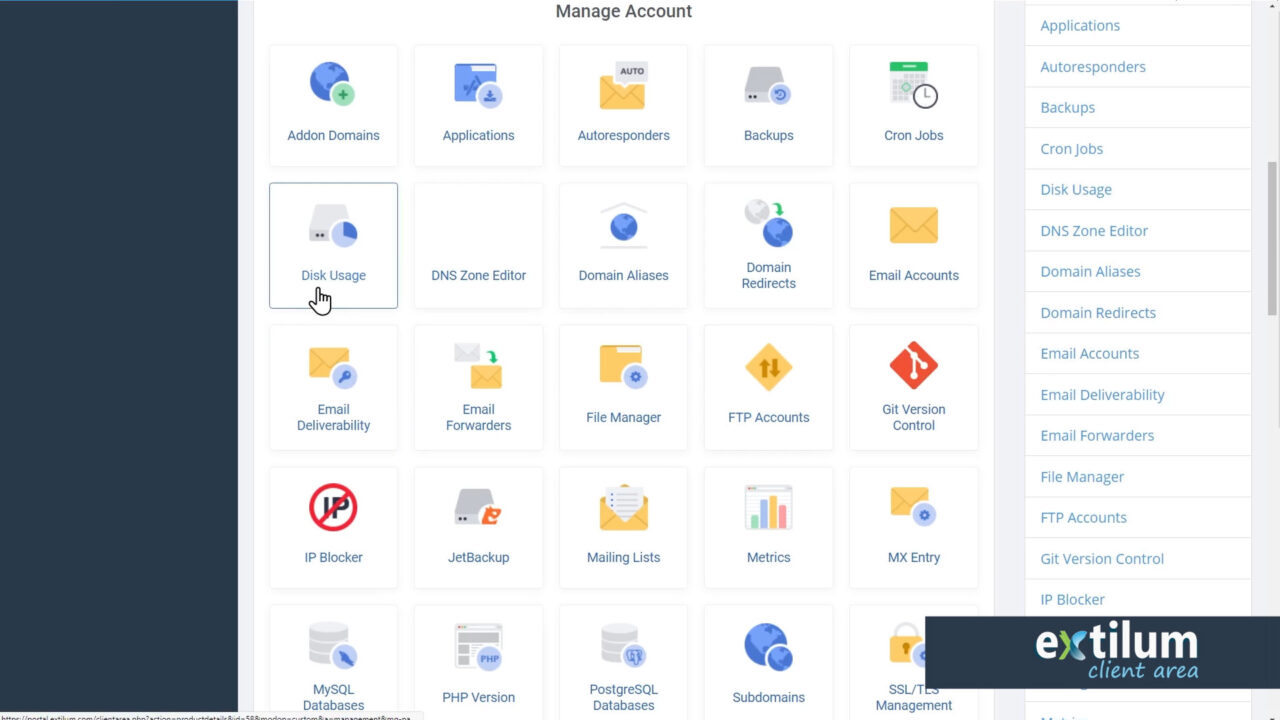 Disk Usage - Client Area • Extilum Knowledgebase