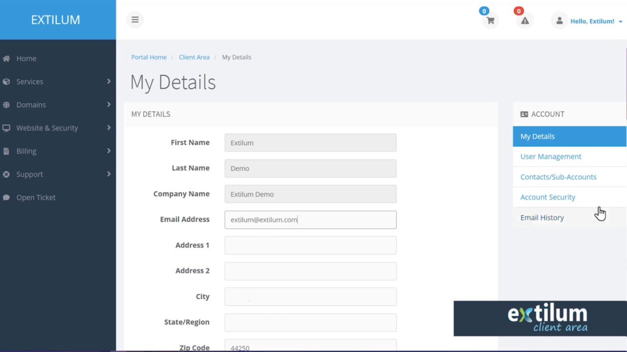 Change My Details in Extilum Client Area • Extilum Knowledgebase