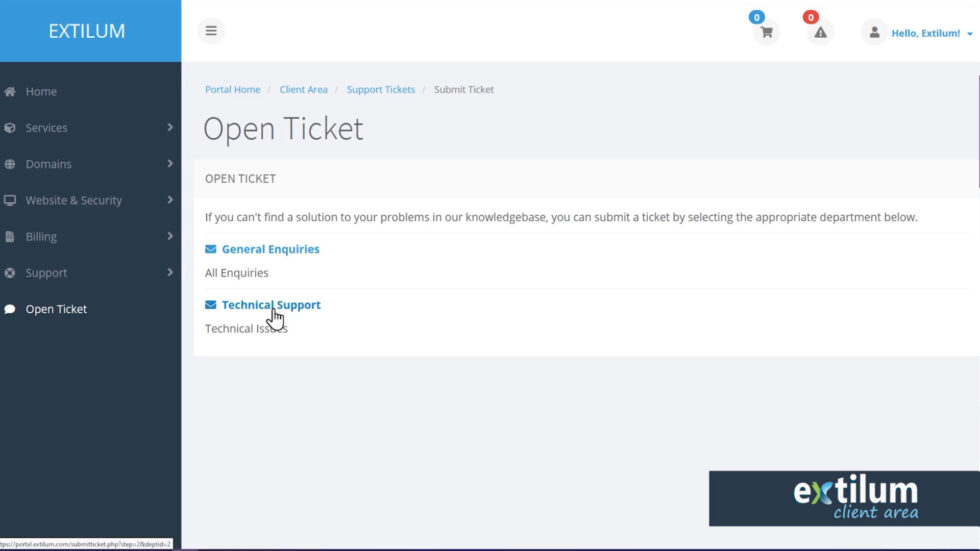 Open ticket - Client Area • Extilum Knowledgebase