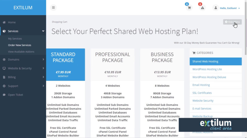 Order New Services - Client Area • Extilum Knowledgebase
