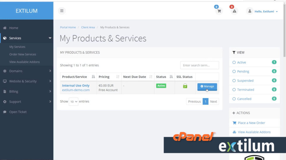 Login to cPanel from Extilum Client Area • Extilum Knowledgebase
