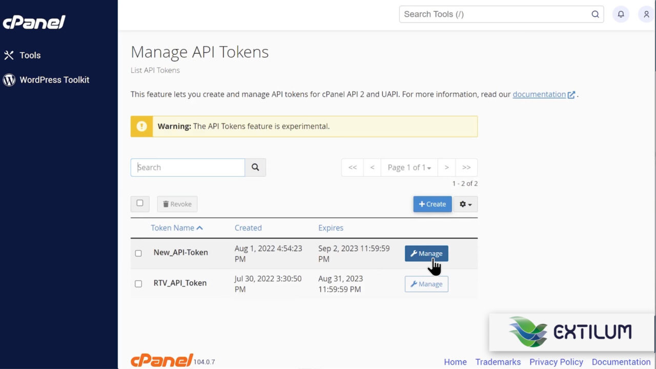 Manage API token - cPanel • Extilum Knowledgebase